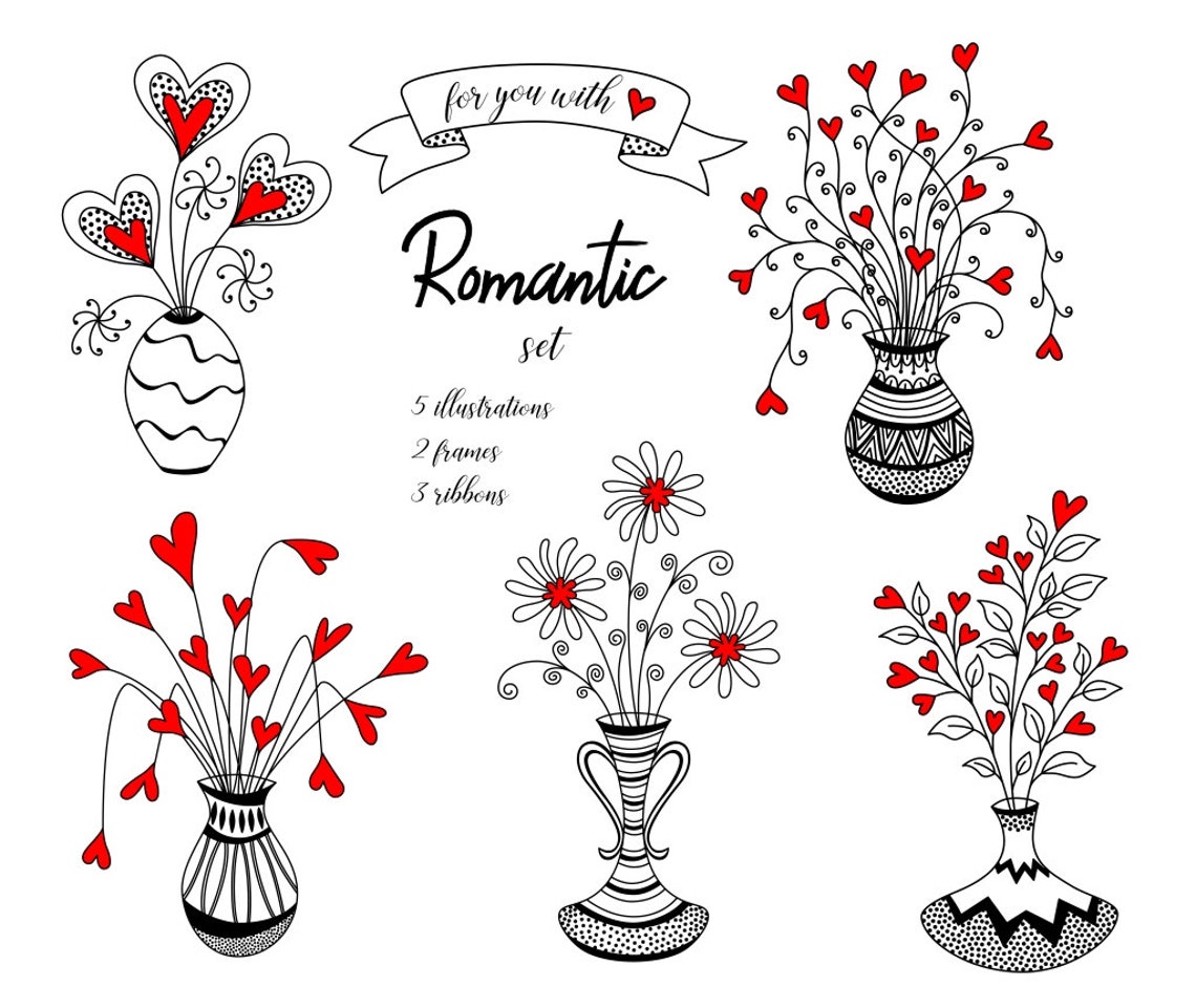 Romantic Set With Hearts and Flowers in Vases, Digital Card, Clipart ...