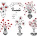Romantic Set With Hearts and Flowers in Vases, Digital Card, Clipart ...