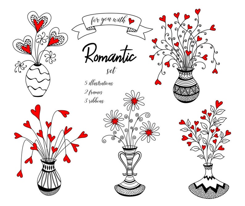 Romantic Set With Hearts and Flowers in Vases, Digital Card, Clipart ...