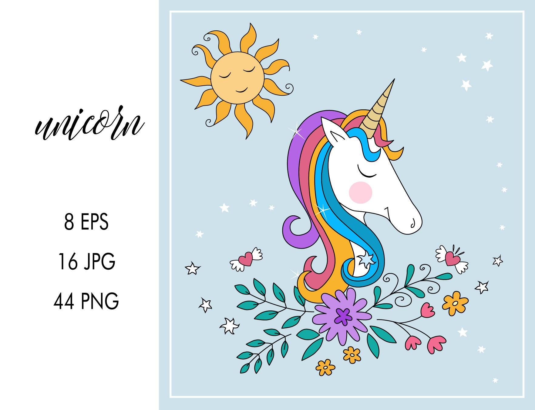 Rainbow Unicorn Clipart Set- INSTANT DOWNLOAD Unicorn Graphics, Unicorn ...