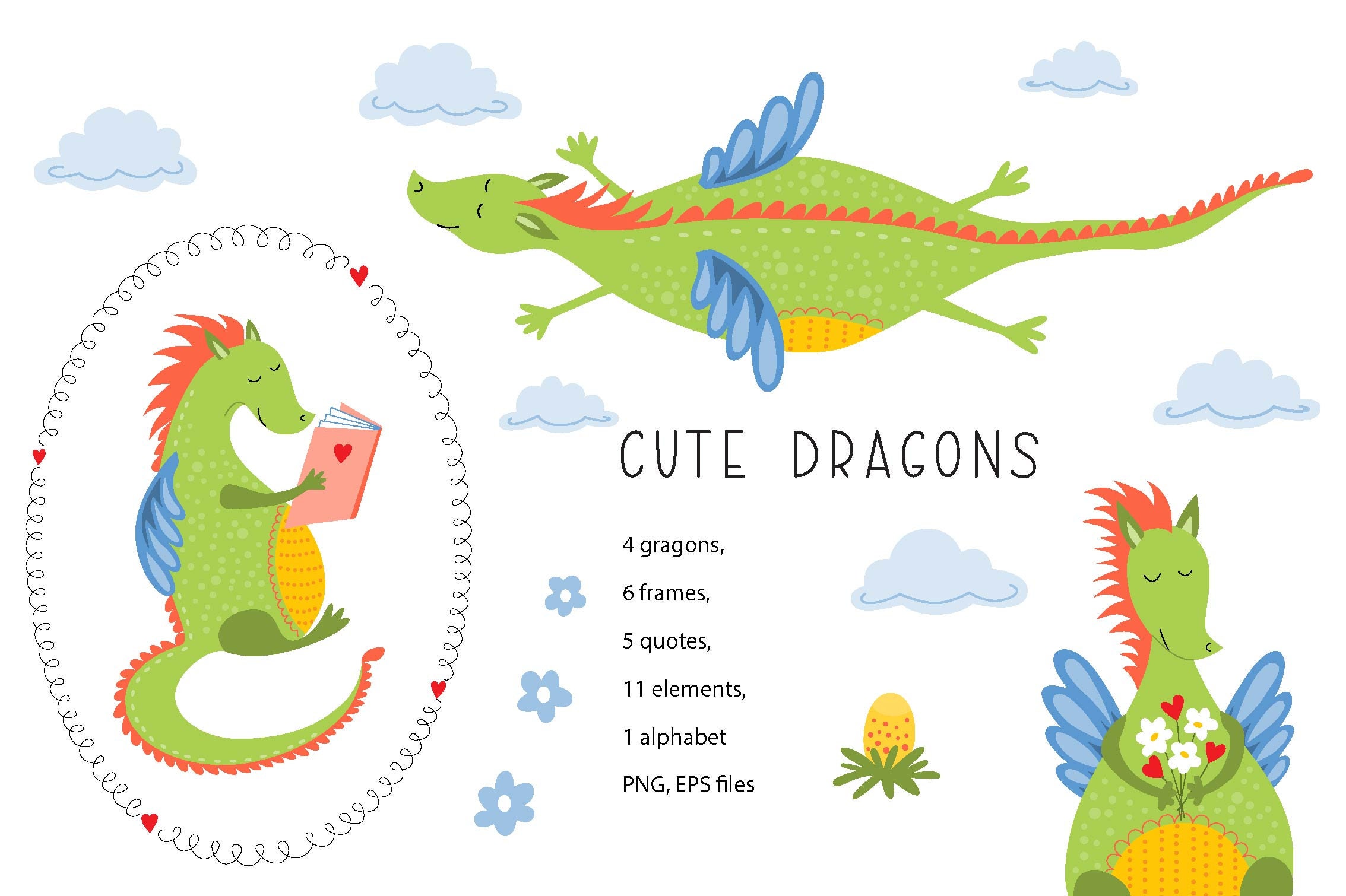 Funny Cute Dragons Clip Art Set , Round Frames, Greeting Card, Digital ...