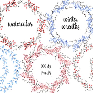 Hand Painted Watercolor Winter Wreaths for Greeting Card, Digital Card ...