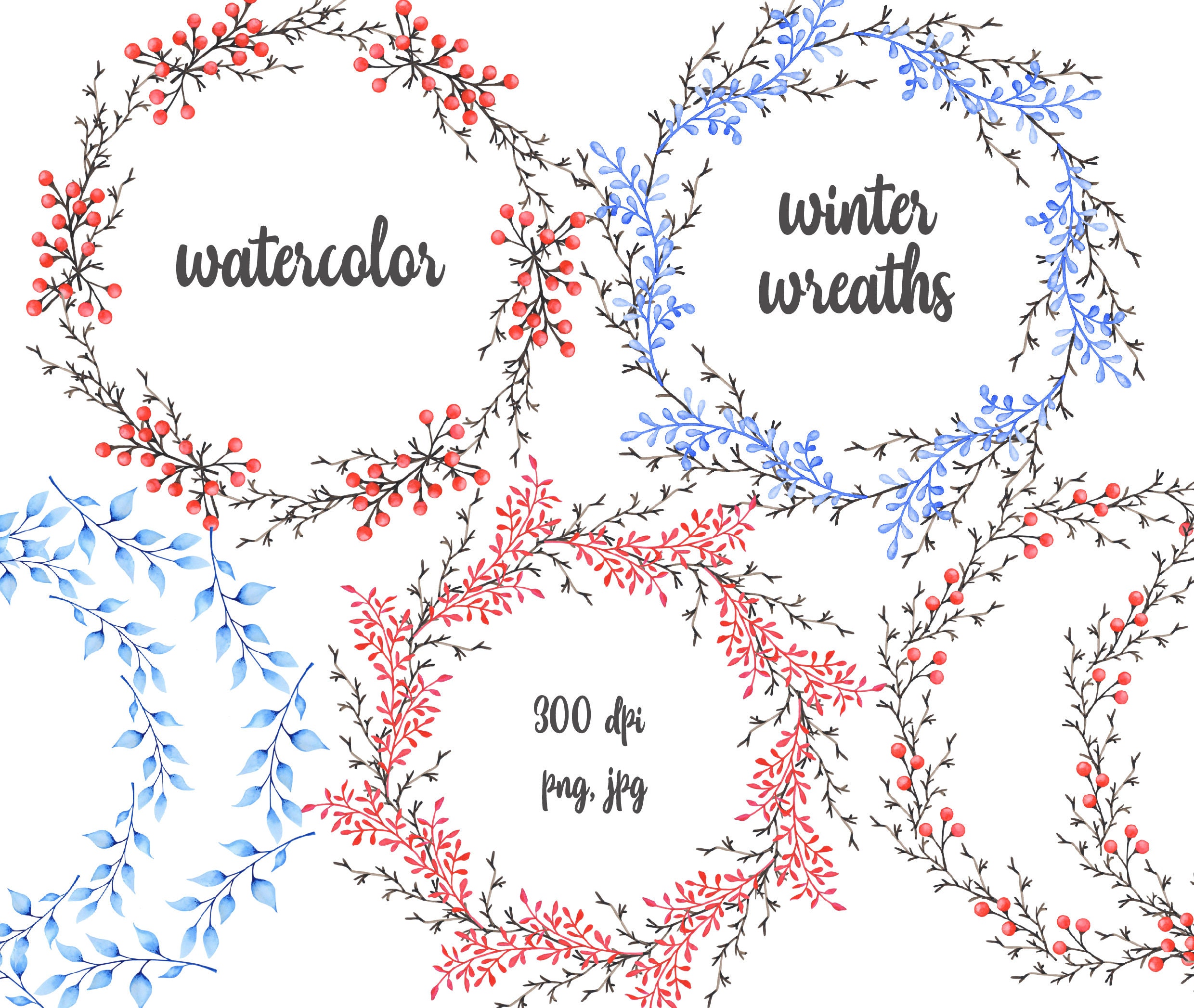 Hand Painted Watercolor Winter Wreaths for Greeting Card, Digital Card ...