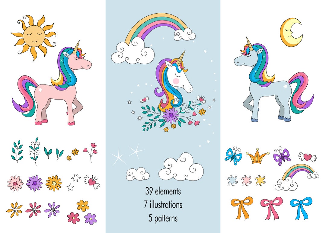Rainbow Unicorn Clipart Set- INSTANT DOWNLOAD Unicorn Graphics, Unicorn ...