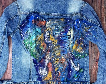 Elephant Denim Jacket, Custom Hand Painted Denim Jacket, Hand Painted ...