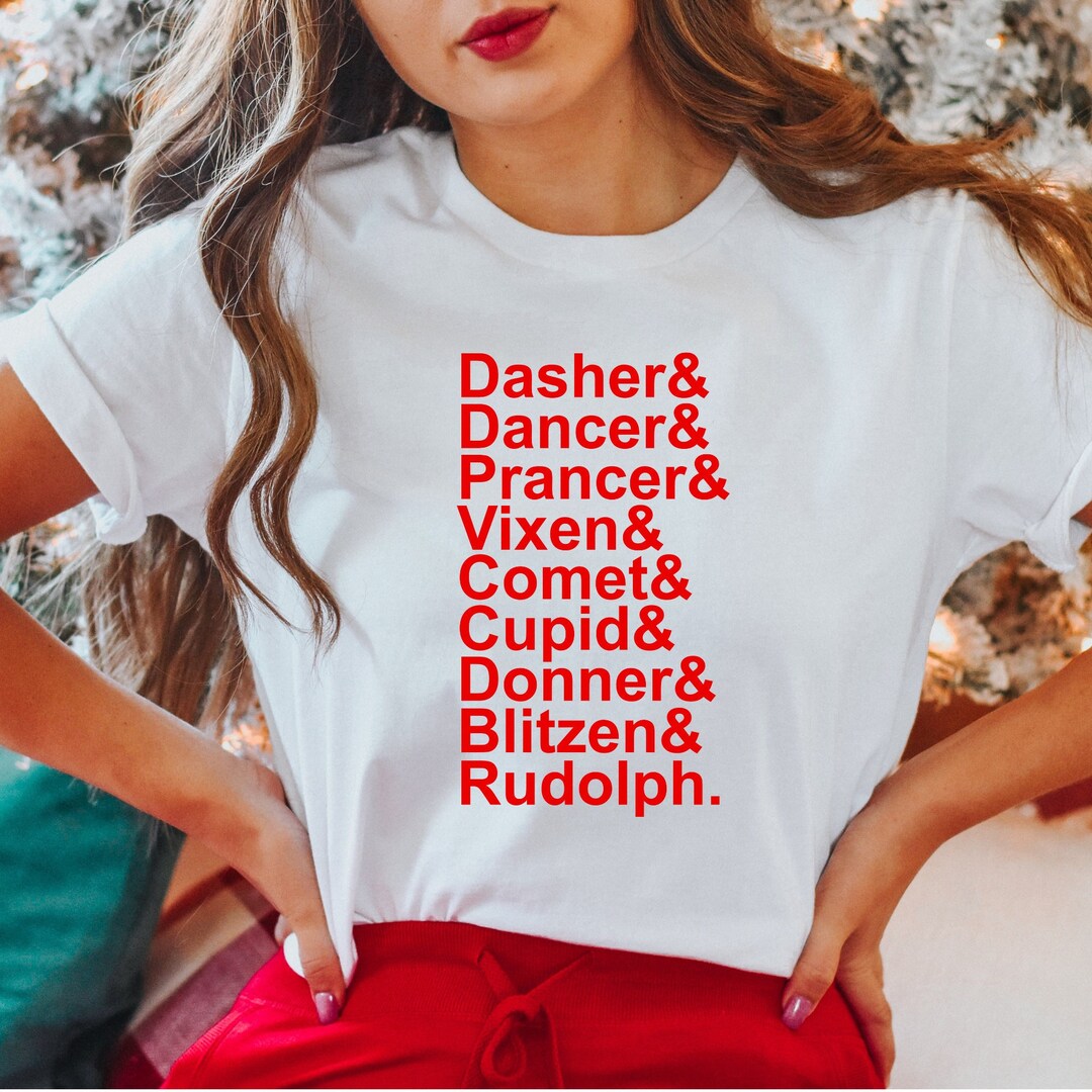 Camisa de reno de Papá Noel, camisa con nombres de reno, Dasher Prancer ...