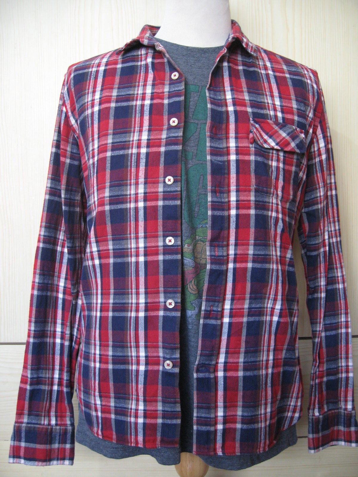 Size M Vintage Checkered Red Flannel Thick Cotton Plaid Shirt Western ...