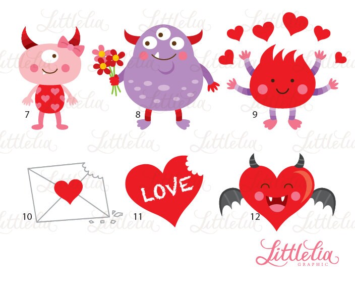 Valentine Monster Clipart - Monster Love Clipart - 15101 - Etsy