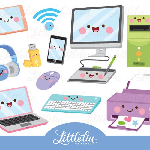 Technology Kawaii Clipart Computer Clipart 17047 - Etsy