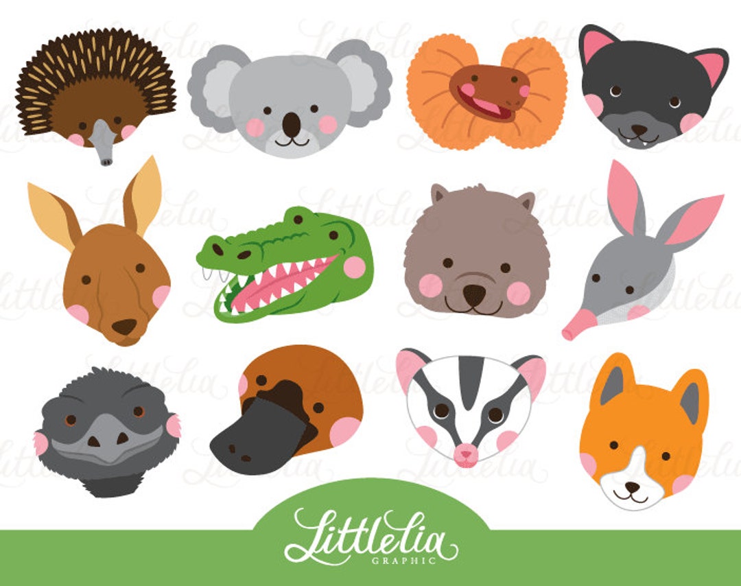 Australian Animals Head Clipart - Aussie Animal Face Clipart - 17013 - Etsy