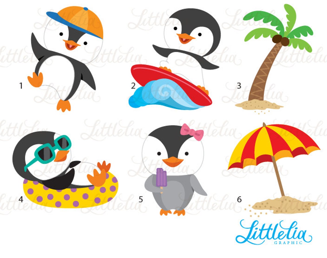 Summer Penguin Beach Clipart 16024 | Etsy