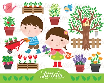 Kids Planting Flowers Clipart
