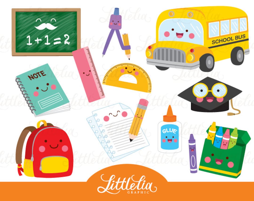 School Kawaii Clipart - Stationary Clipart - 16034 - Etsy