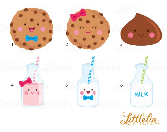 Milk and Cookies Clipart - Kawaii Food Clipart - 16033 - Etsy