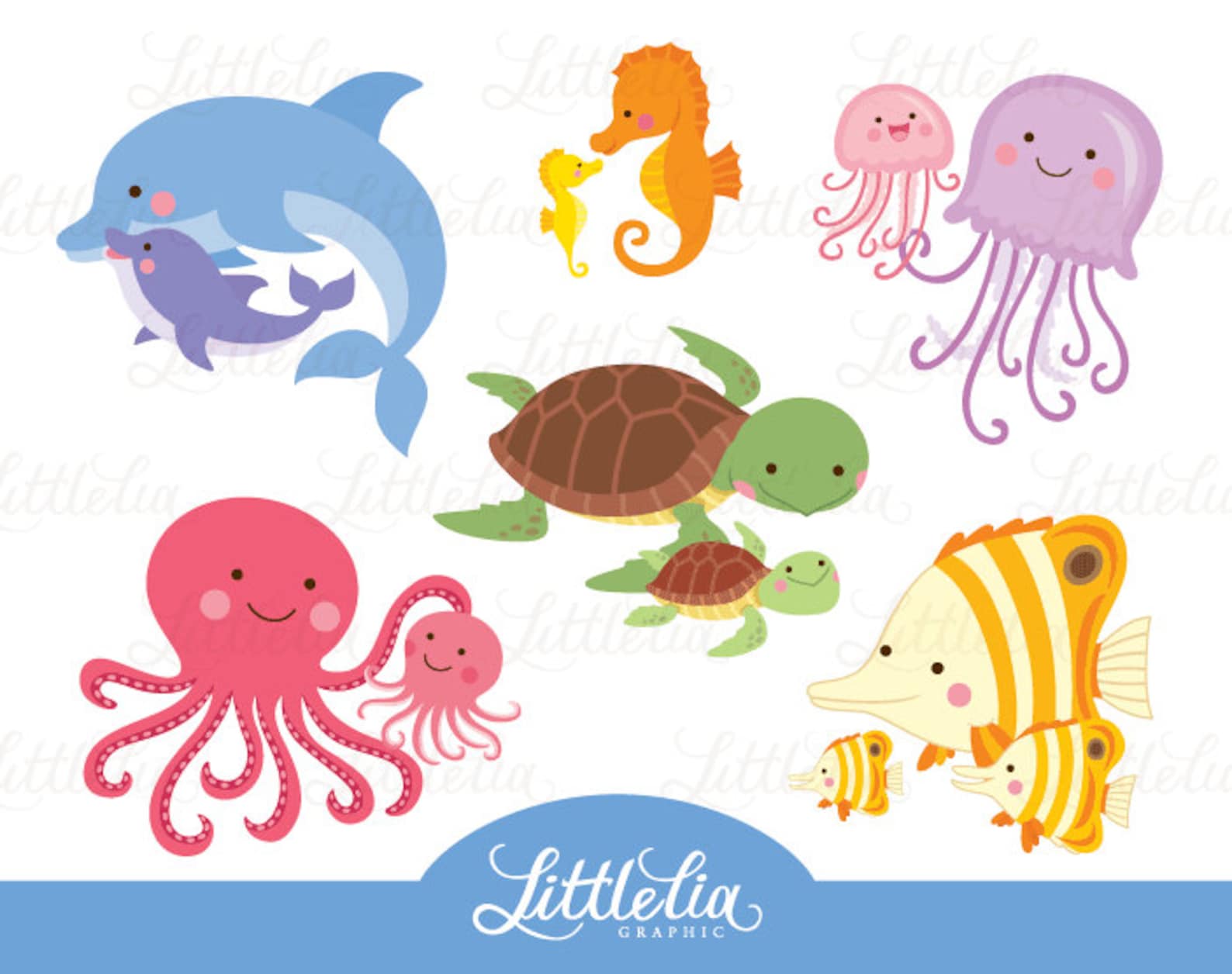 Sea Animal Mom and Baby Family Clipart 16056 - Etsy