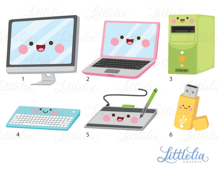Technology Kawaii Clipart - Computer Clipart - 17047 - Etsy