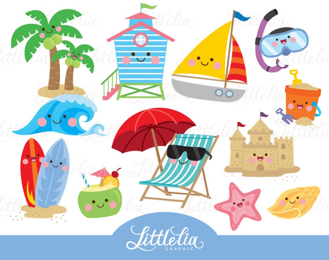 Beach Kawaii Clipart - Summer Beach Cute Clipart - 17022 - Etsy