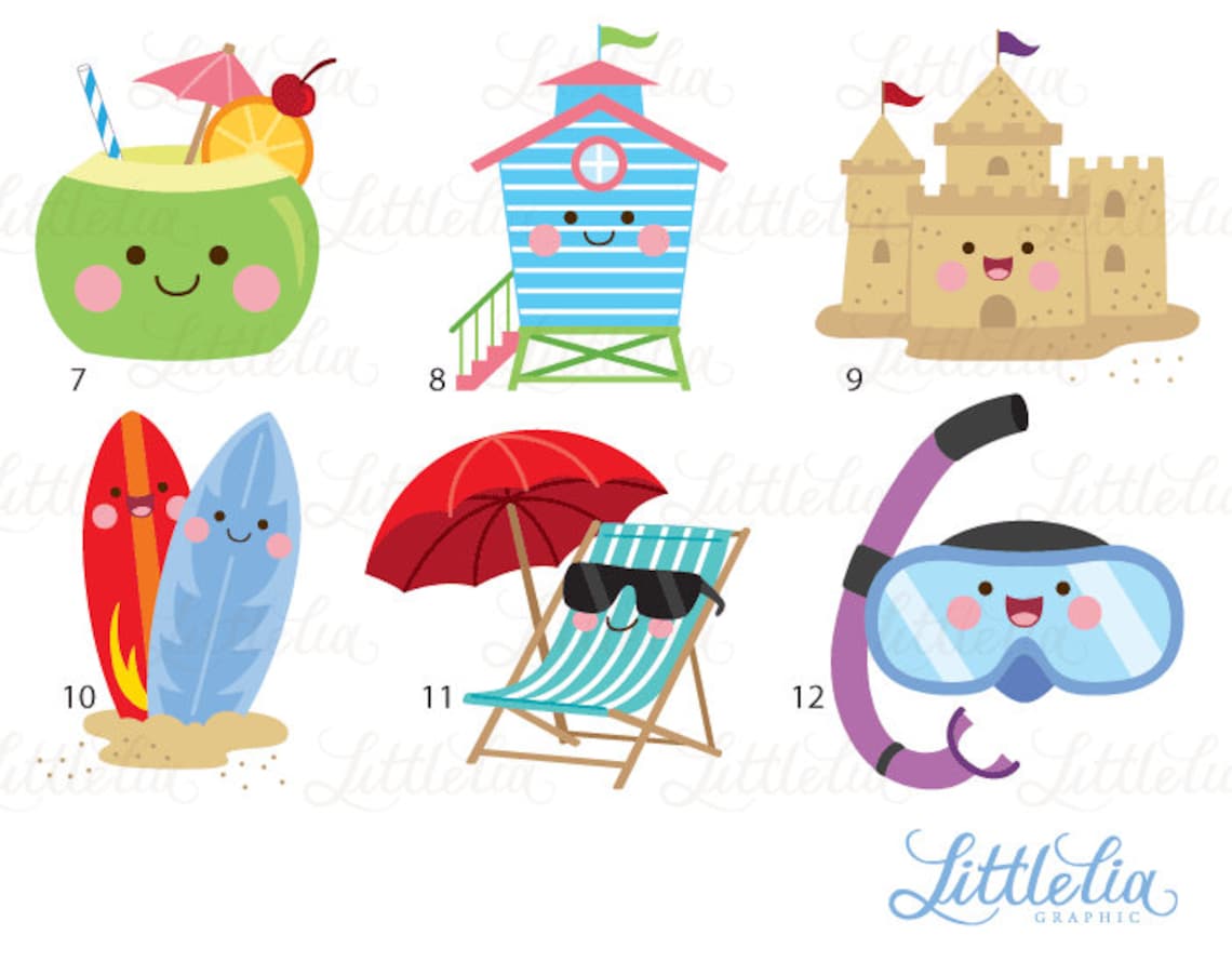 Beach Kawaii Clipart - Summer Beach Cute Clipart - 17022 - Etsy