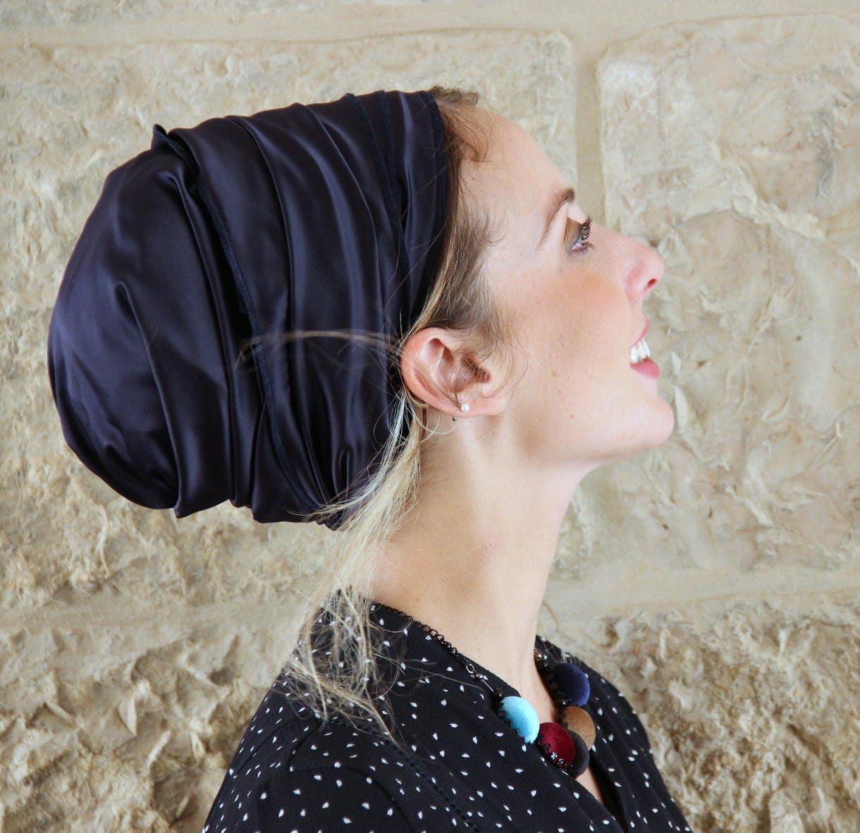Blue Navy Stretched Satin Turban Sinartichel,hair Snood, Head Scarf ...