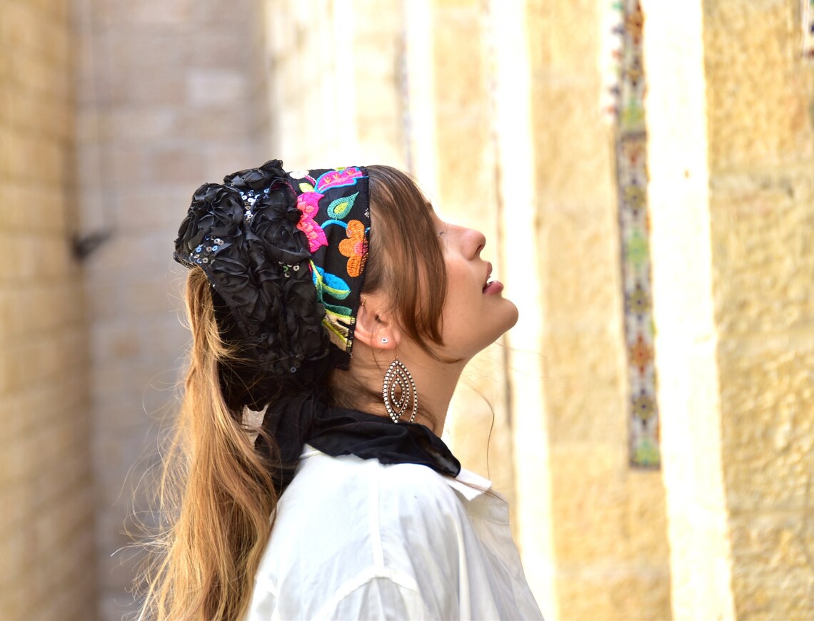 ADORA Black Floral Headband Tichel ,bandana, Snood, Head Scarf, Head ...