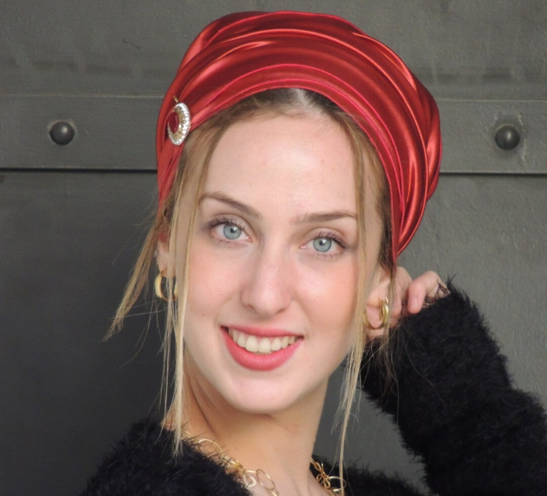 Red Stretched Satin Turban Sinar Tichel, Hair Snood, Head Scarf, Head ...