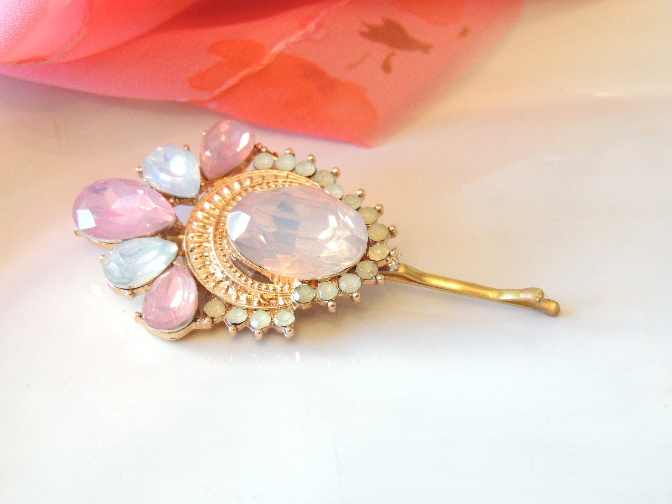 Victorian Vintage Hair Pin, Shiny Light Pink Stones Hair Clip, Gold ...