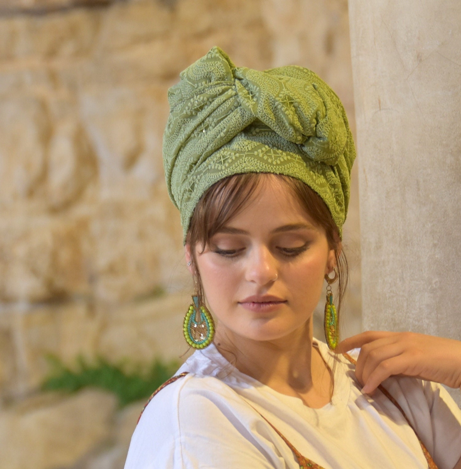 Emerald Green Embroidered Headscarf TICHEL, Hair Snood, Head Scarf ...