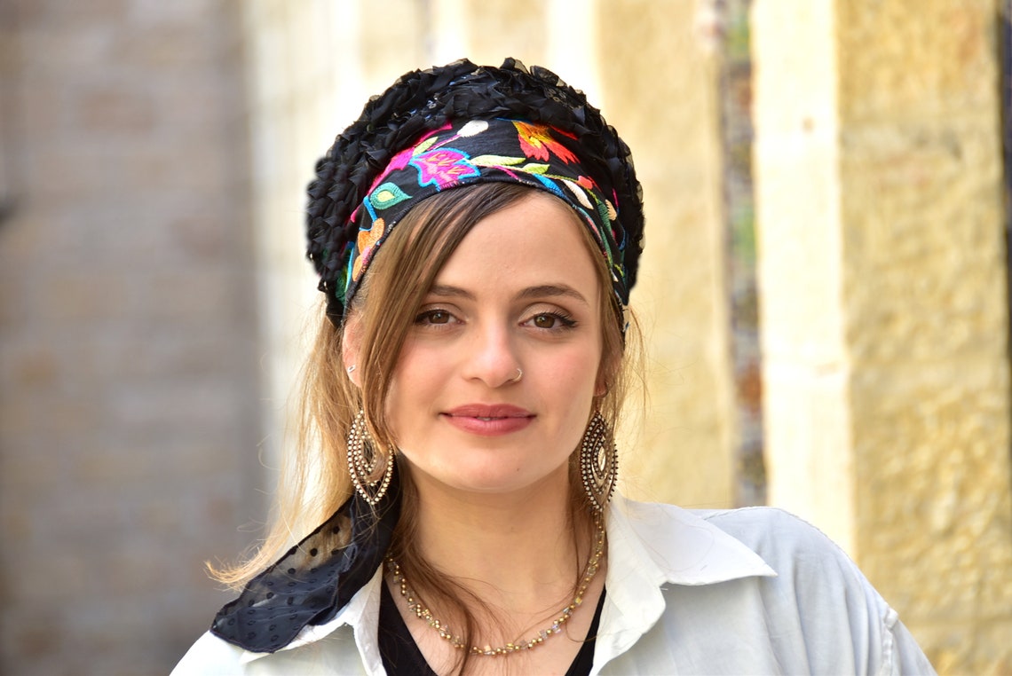 ADORA Black Floral Headband Tichel ,bandana, Snood, Head Scarf, Head ...