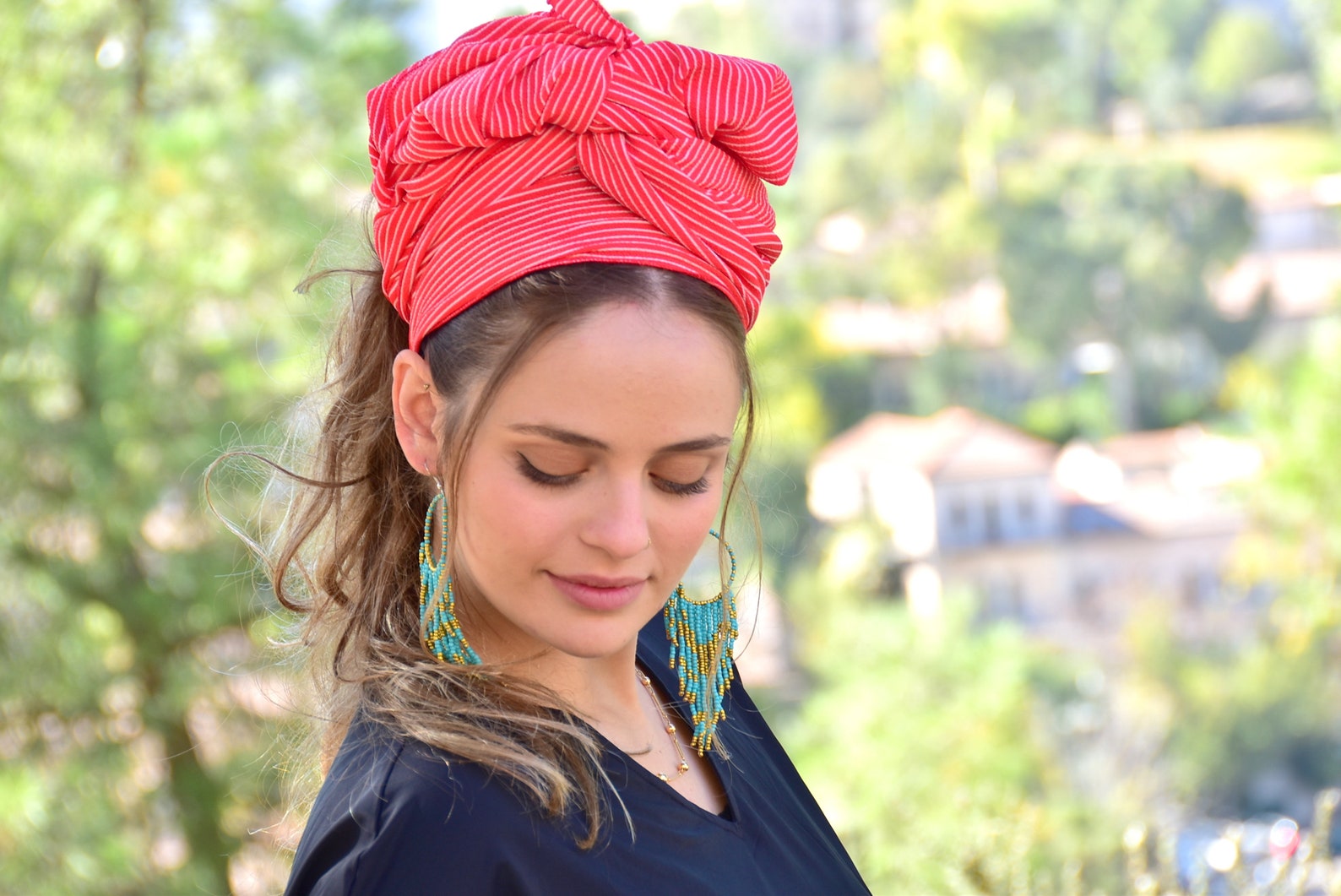 Odem Headscarf TICHEL, Hair Snood, Chemo Snood, Head Scarf, Striped Red ...
