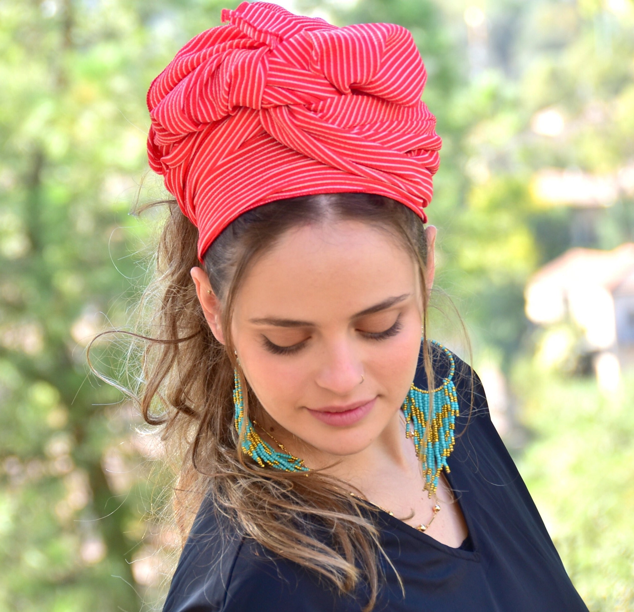 Odem Headscarf TICHEL, Hair Snood, Chemo Snood, Head Scarf, Striped Red ...