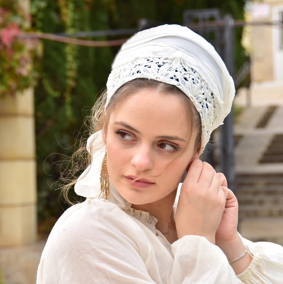 Shenhav White Ruffle Bandana, Headband Tichel, Chemo Hair Snood, Head ...