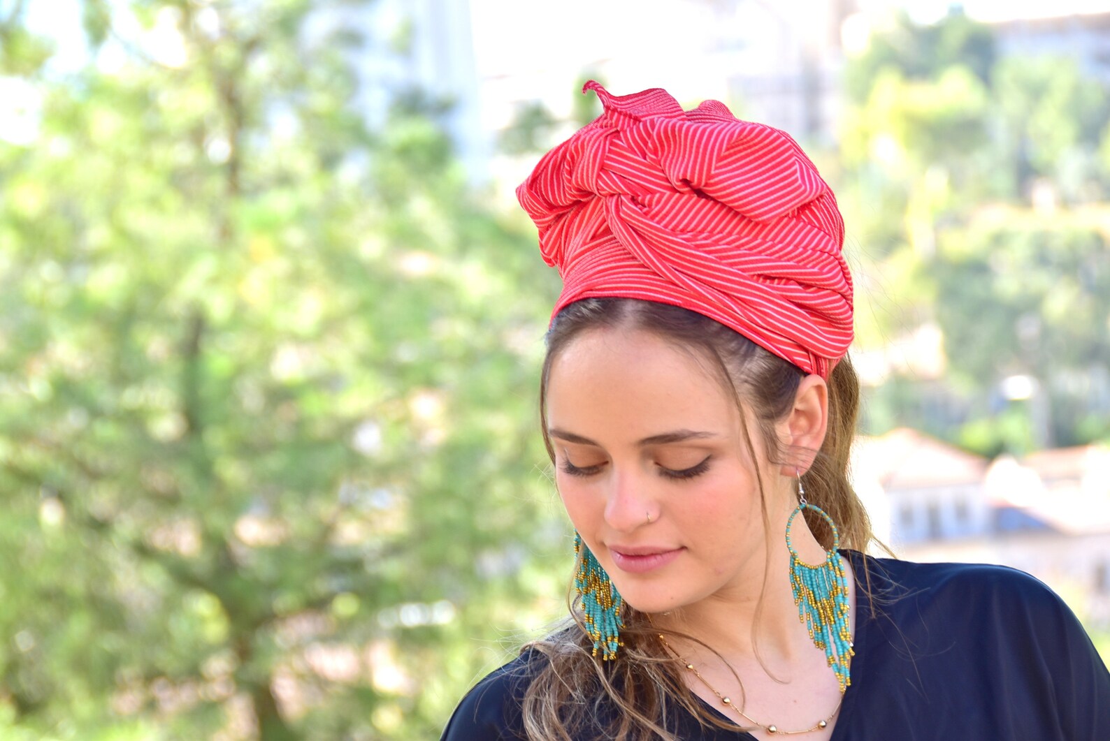 Odem Headscarf TICHEL, Hair Snood, Chemo Snood, Head Scarf, Striped Red ...