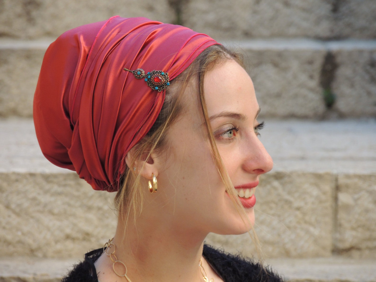 Red Stretched Satin Turban Sinar Tichel, Hair Snood, Head Scarf, Head ...