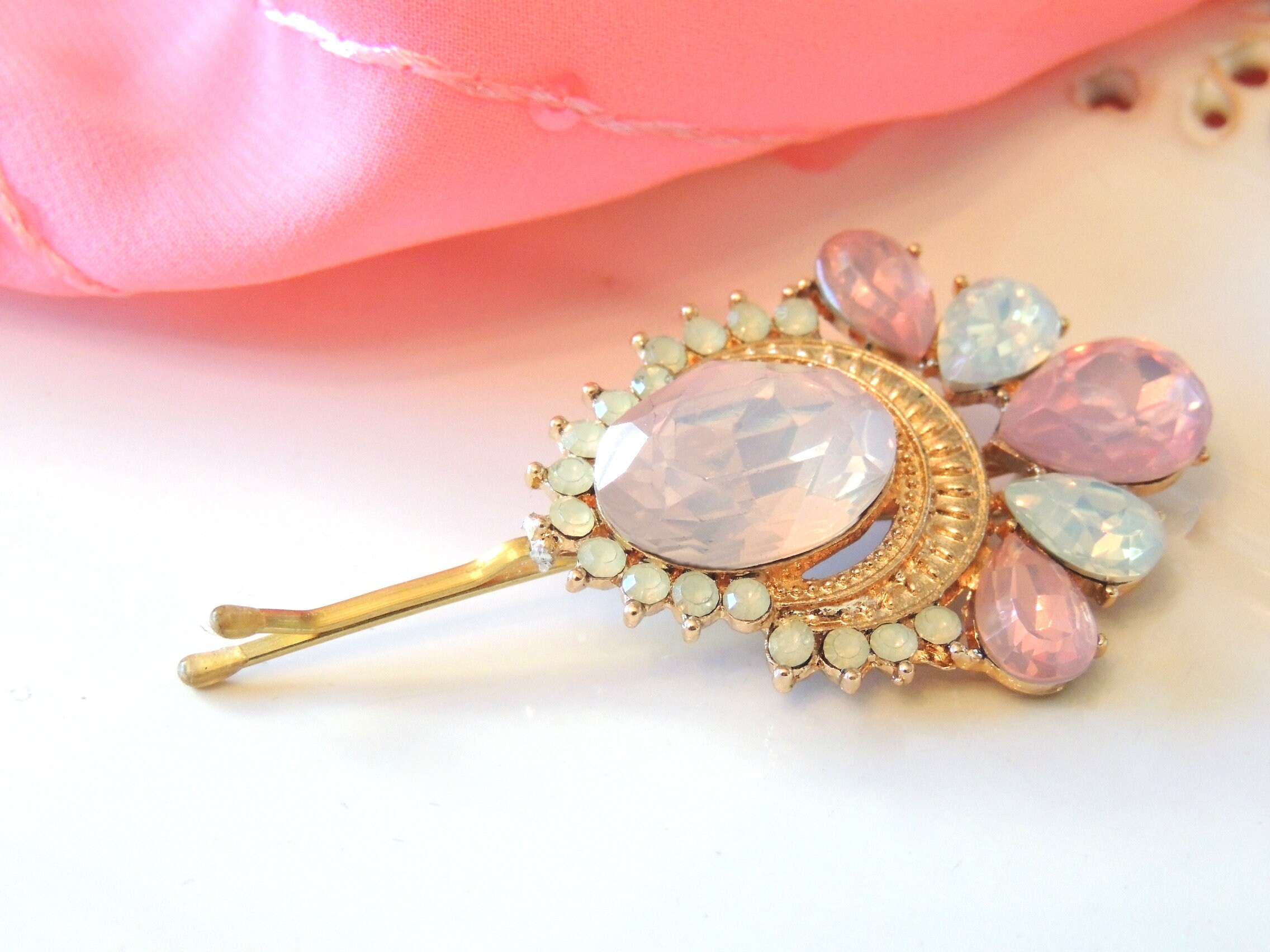 Victorian Vintage Hair Pin, Shiny Light Pink Stones Hair Clip, Gold ...