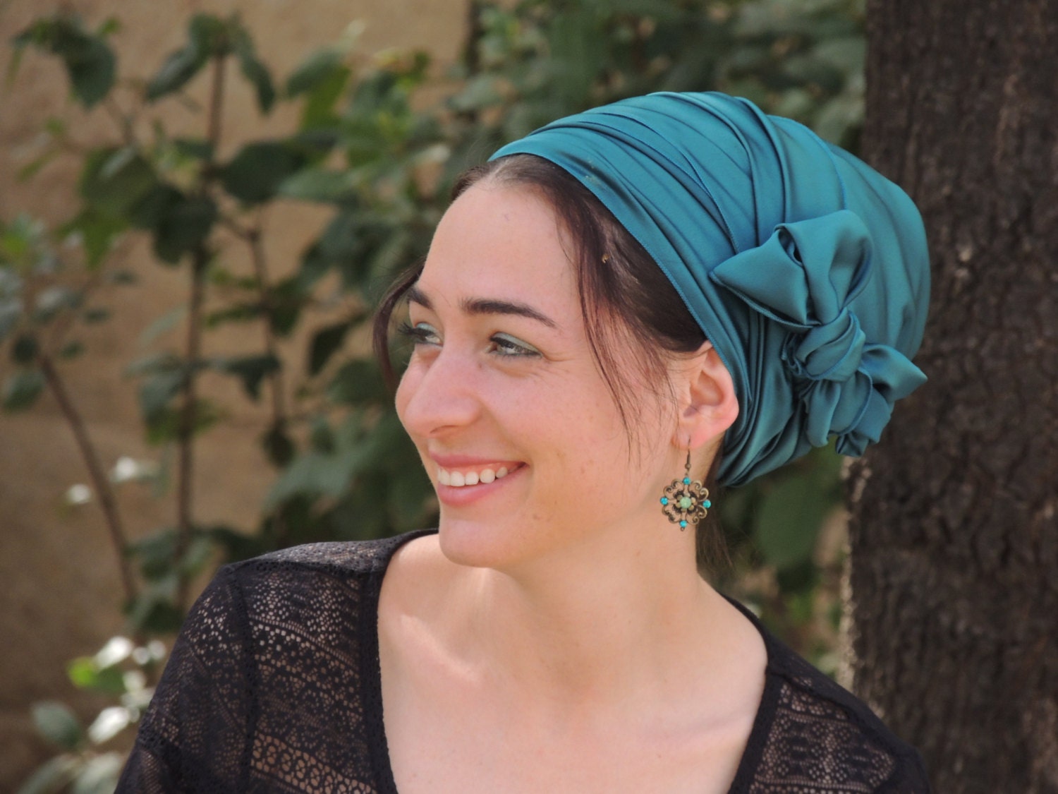 Turqoise Stretched SATIN TURBAN Tichel, Hair Snood, Head Scarf, Head ...