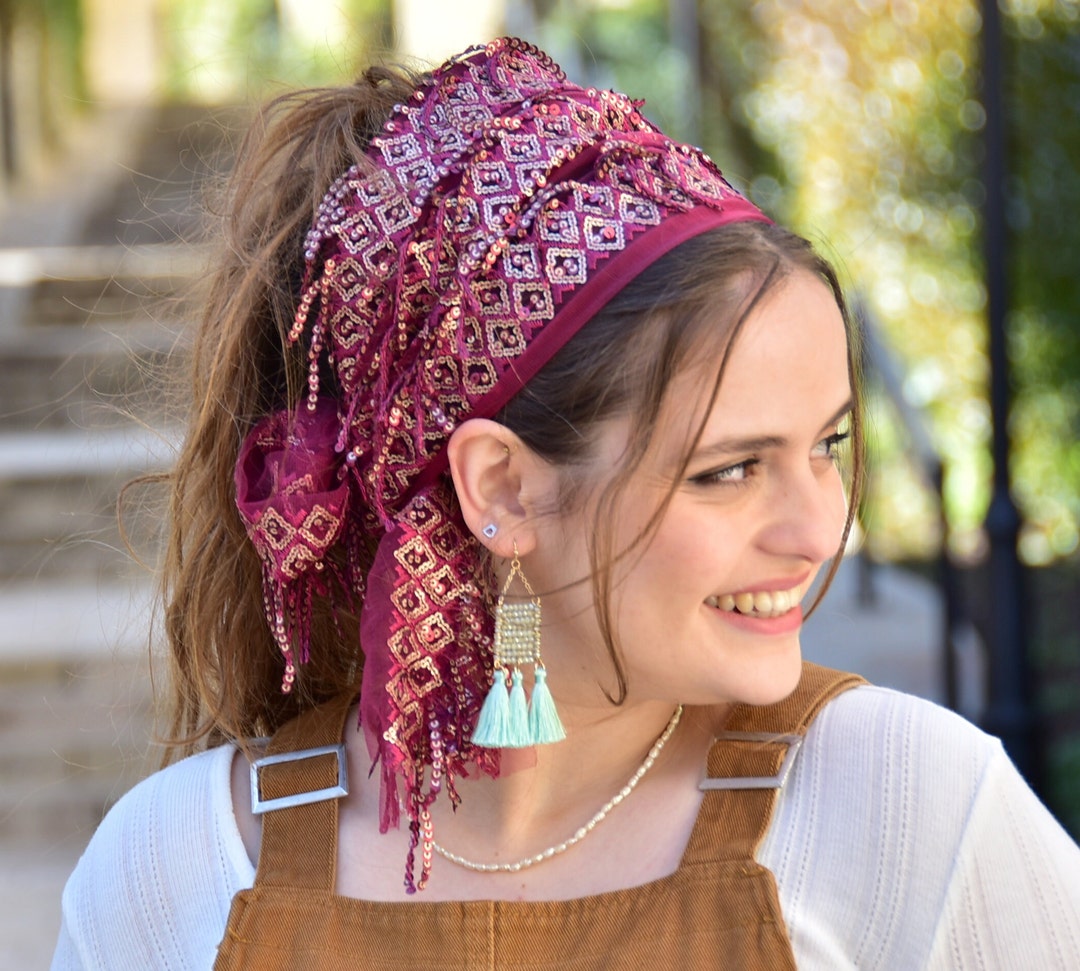 Sunrise Fringes Burgundy Headband, Amazing Bandana, Tichel, Hair Snood ...