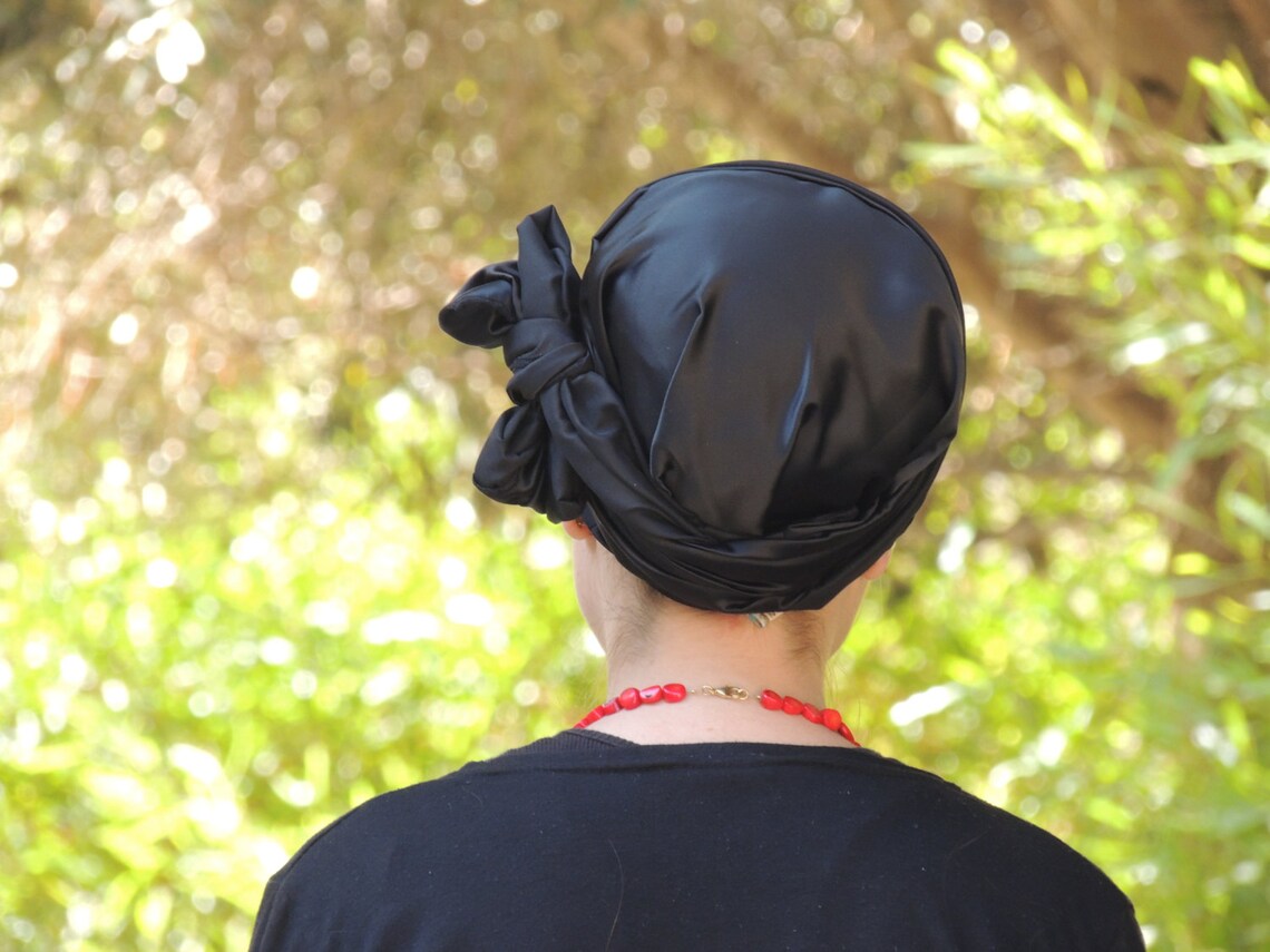 Black Stretched Satin Turban Sinar Tichel, Hair Snood, Head Scarf, Head ...