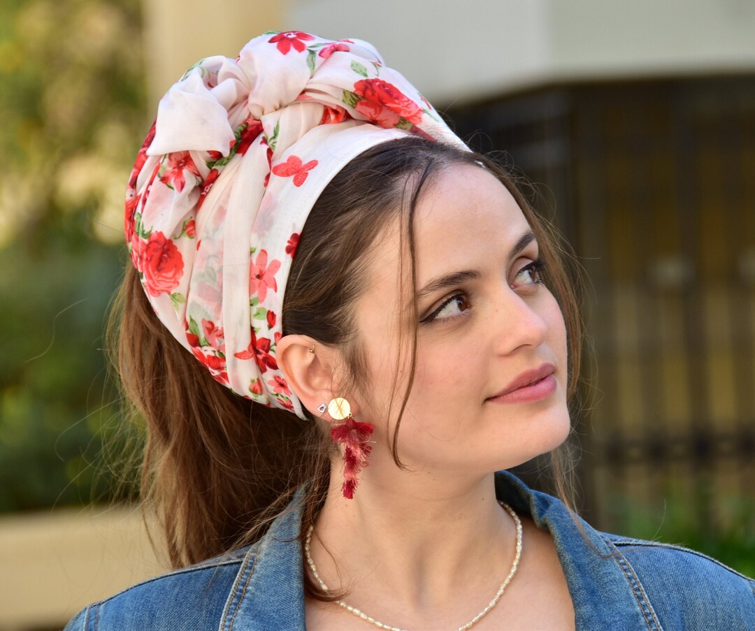 Amazing Soft Floral White Red Headscarf TICHEL, Hair Snood, Head Scarf ...