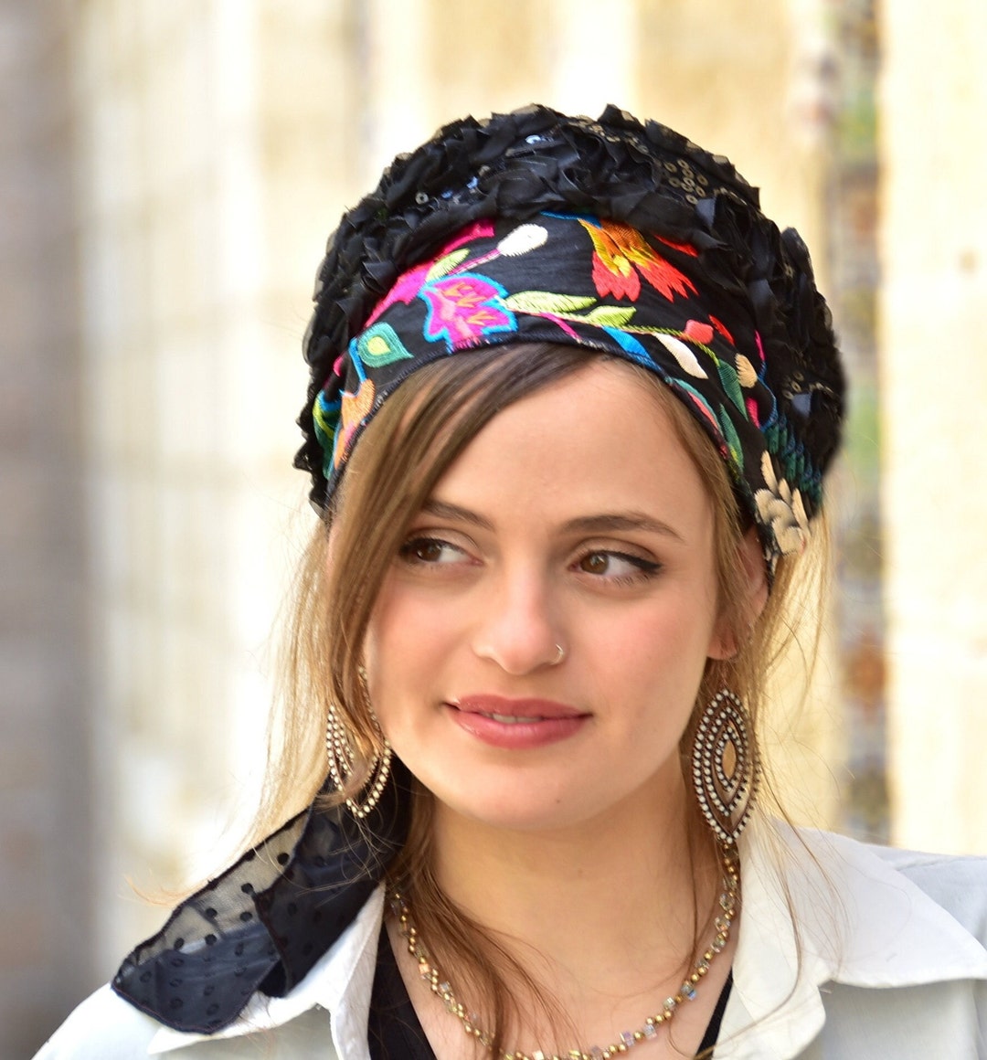 ADORA Black Floral Headband Tichel ,bandana, Snood, Head Scarf, Head ...