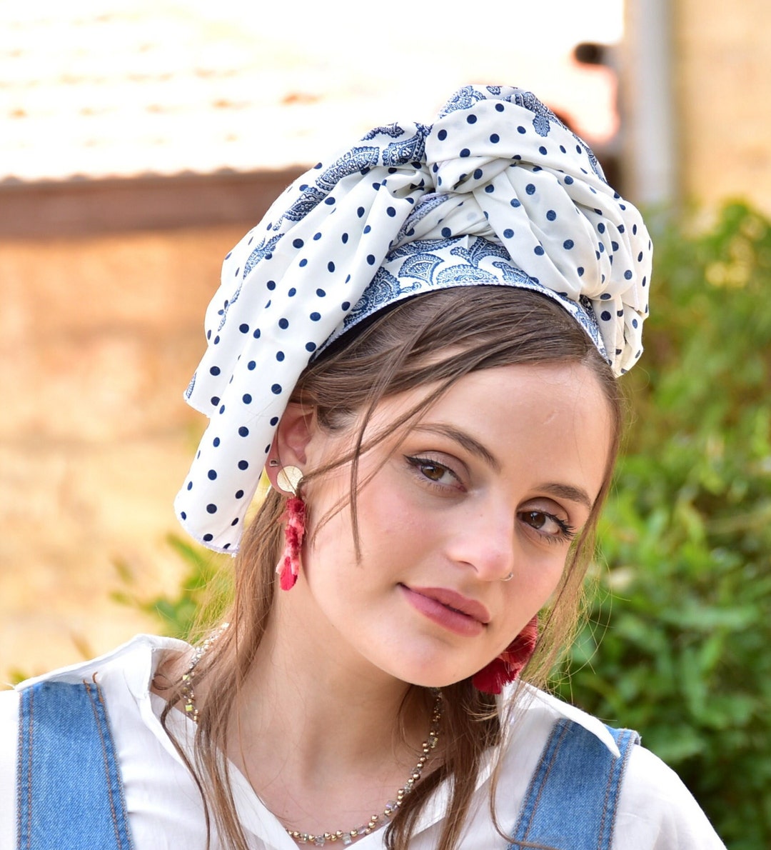 Amazing Soft Blue White Dotted Headscarf TICHEL, Hair Snood, Head Scarf ...
