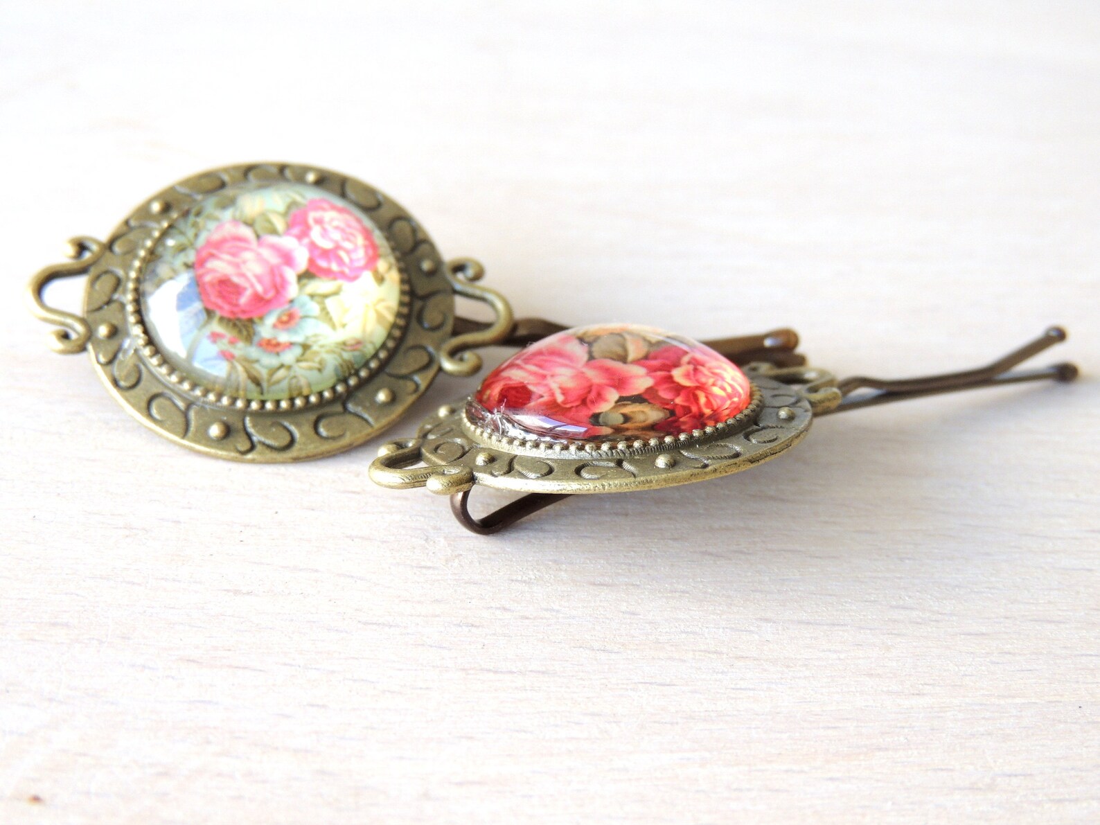 TWO Vintage Victorian Floral Hair Pins Handmade Antique | Etsy