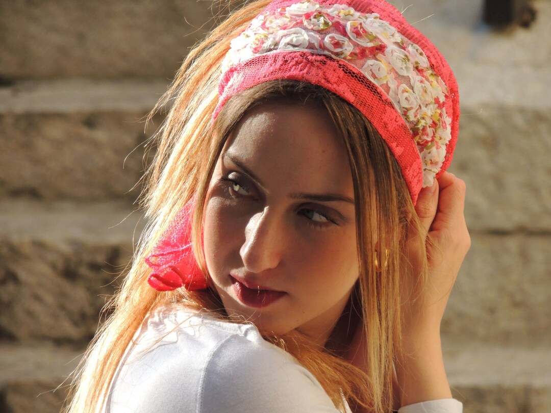 Charming Fuchsia Lace Headband Tichel ,snood, Head Scarf,head Covering ...