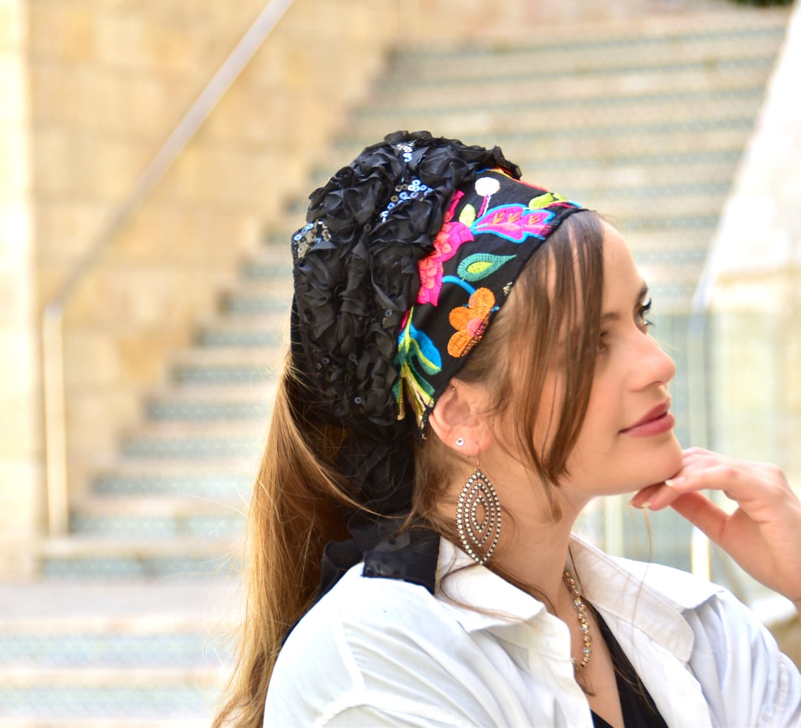ADORA Black Floral Headband Tichel ,bandana, Snood, Head Scarf, Head ...