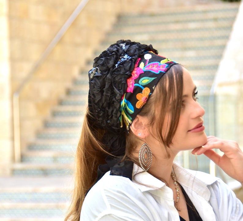 ADORA Black Floral Headband Tichel ,bandana, Snood, Head Scarf, Head ...