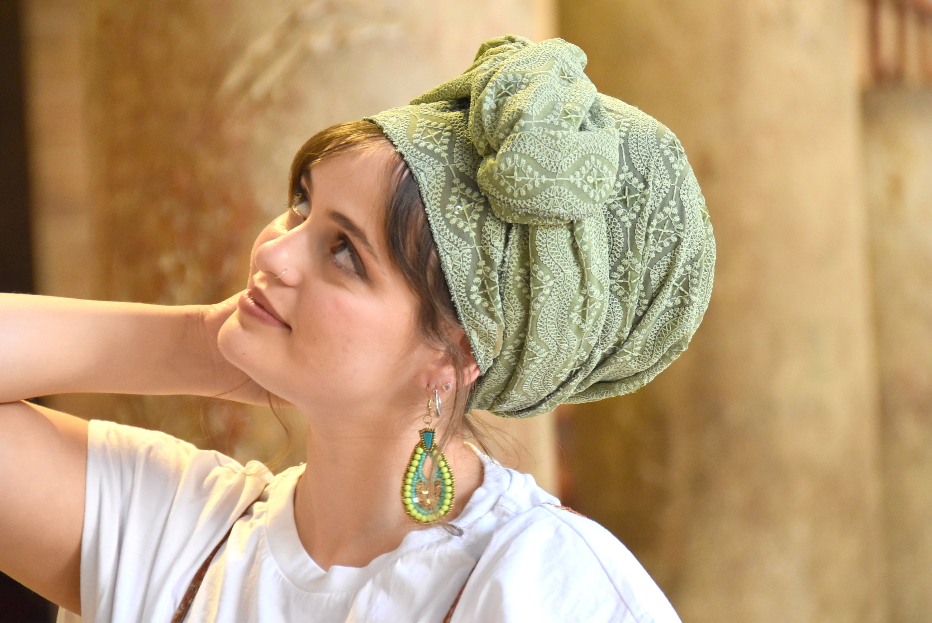 Emerald Green Embroidered Headscarf TICHEL, Hair Snood, Head Scarf ...