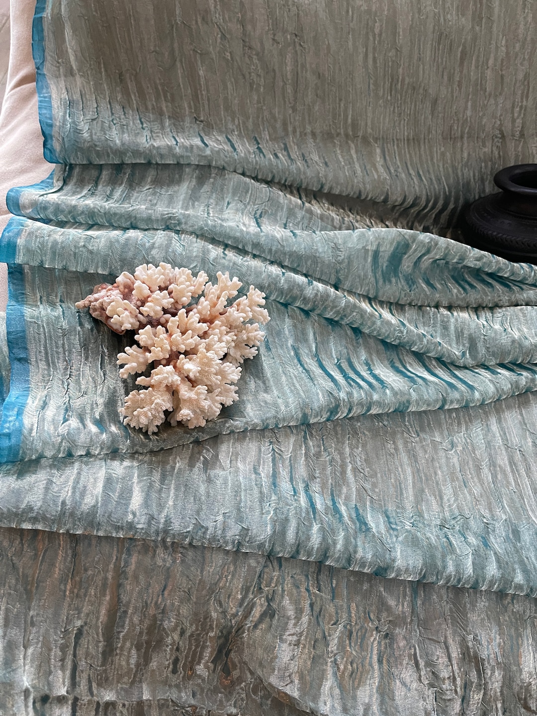 Exquisite Quality Silk Tissue Wide Pleated/ Crushed - TURQUOISE/ GOLD ...