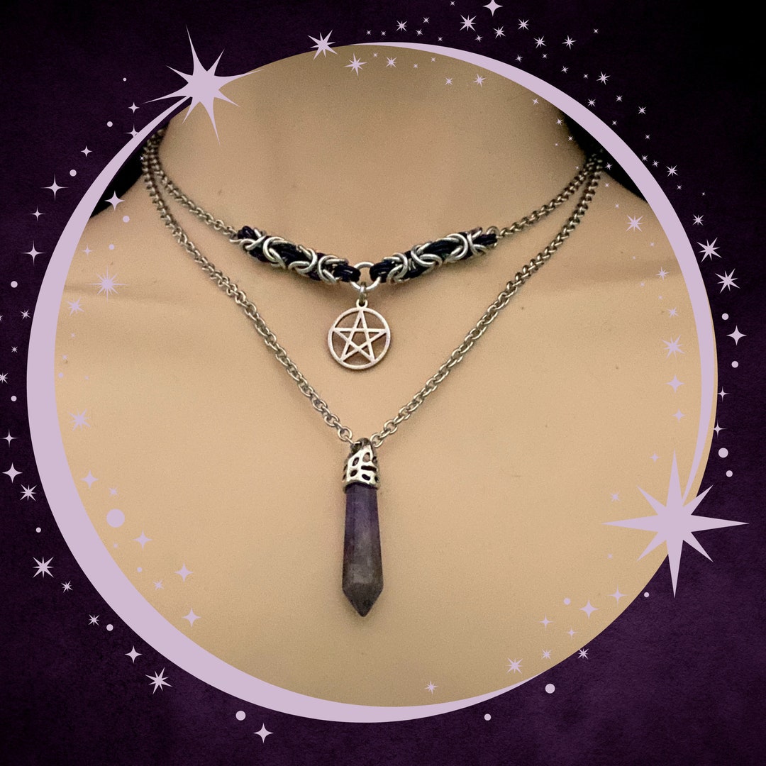 Pagan Pentacle Symbol Chainmail Necklace With Purple Crystal | Mystical ...