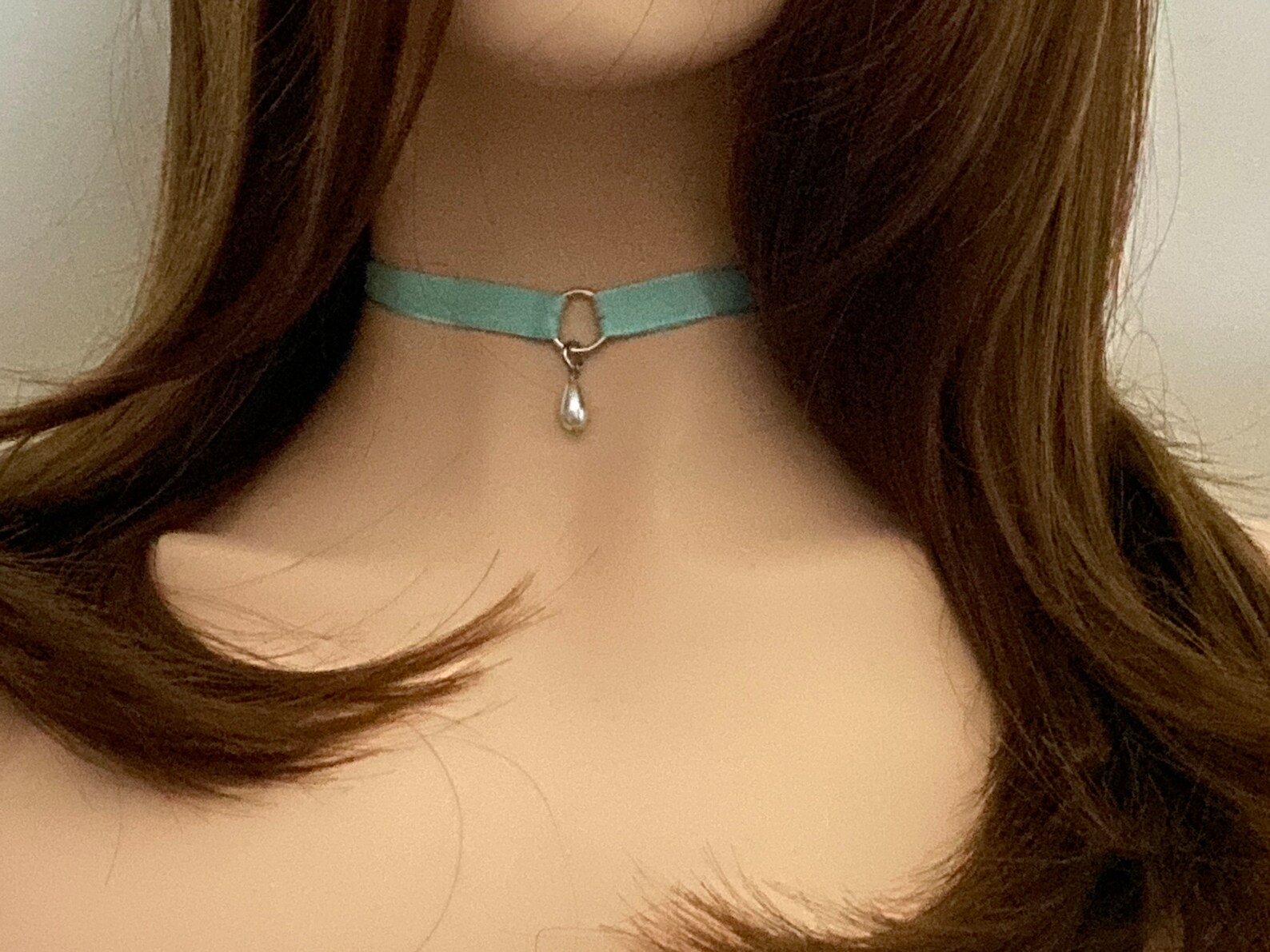 Pale Blue/green Ribbon Choker With Pearl Bead by Embellishmaille ...