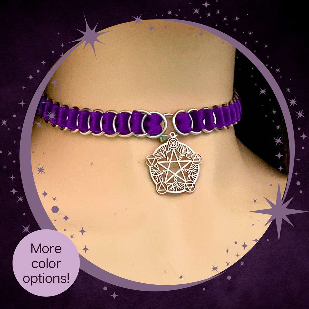 Wiccan Pentagram Pendant Ribbon Choker | Mystical Witchy Chainmail ...