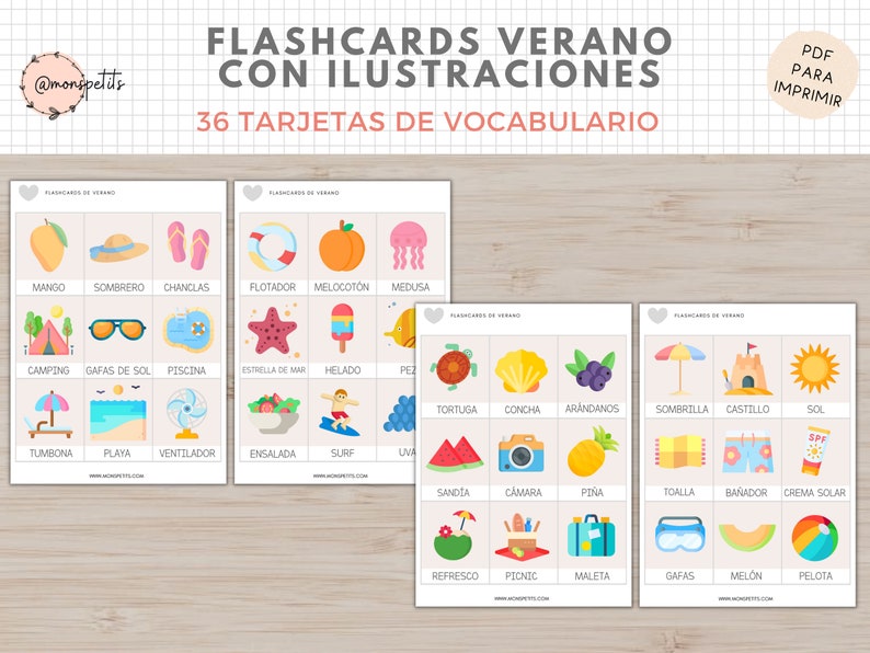 36 Flashcards Vocabulario Verano Dibujos Imprimible Niños - Etsy